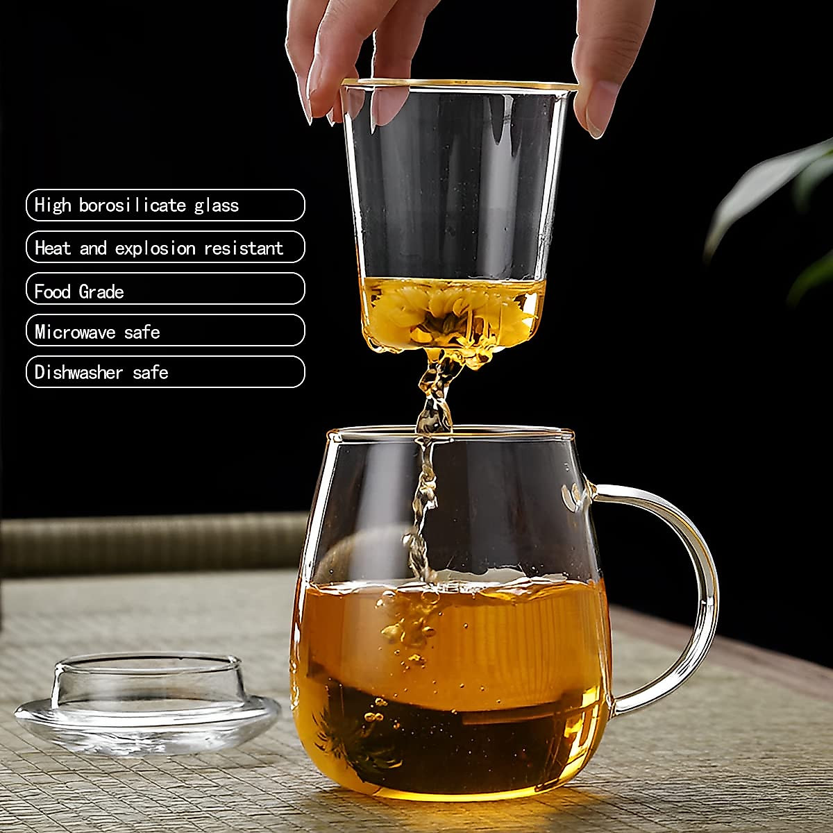 TIANXIALAWU 16.9 oz,Glass Tea Infuser Cups with Strainer and Lid,Tea Mugs with Infuser and Lid,Loose Tea Infuser,Hot Tea Diffuser Cup, (glass cover)，Glass Tea Cups