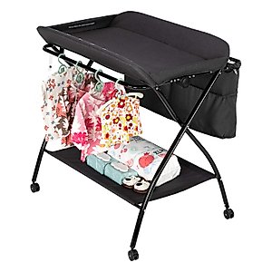 JOYMOR 2-in-1 Folding Baby Changing Table, Moblie Diaper Table for Infant, Portable Diaper Changing Station with Wheels, Large Storage Basket ＆ Shelf Portable Nursery Organizer