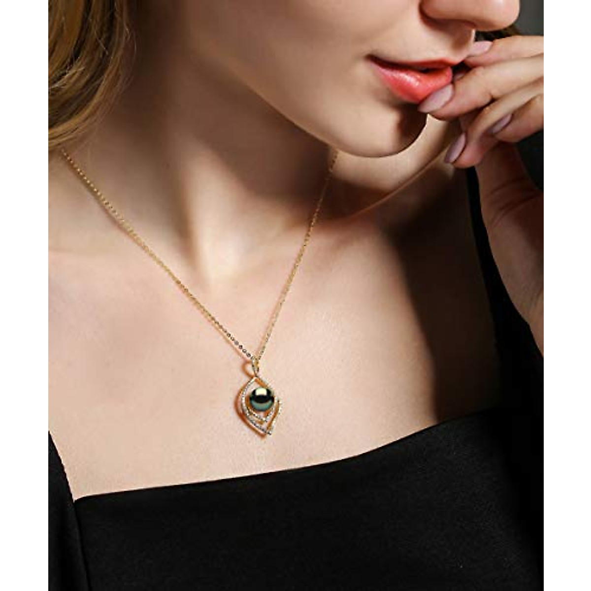 CHAULRI Lucky Peacock 9-10mm Genuine South Sea Tahitian Black Pearl Evil Eye Pendant Necklace 18K Gold Plated Sterling Silver - Jewelry Gifts for Women Wife Mom Daughter