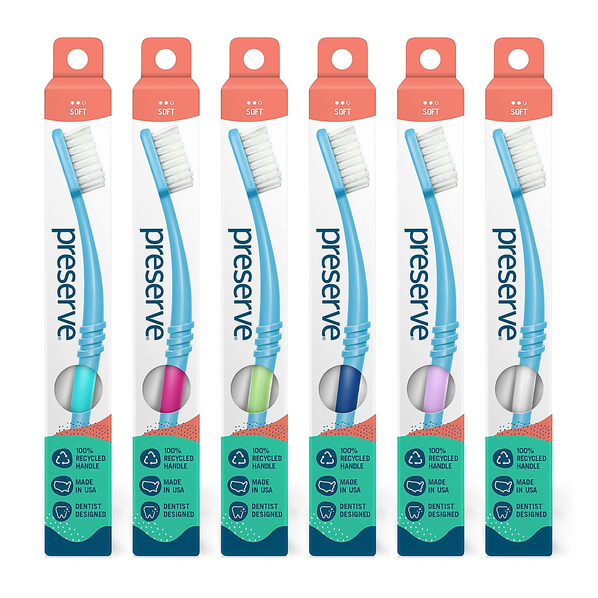 Preserve Eco Friendly Adult Toothbrushes, Made in The USA from Recycled Plastic, Soft Bristles, Paperboard Package, Colors Vary, 6 Count (Soft)