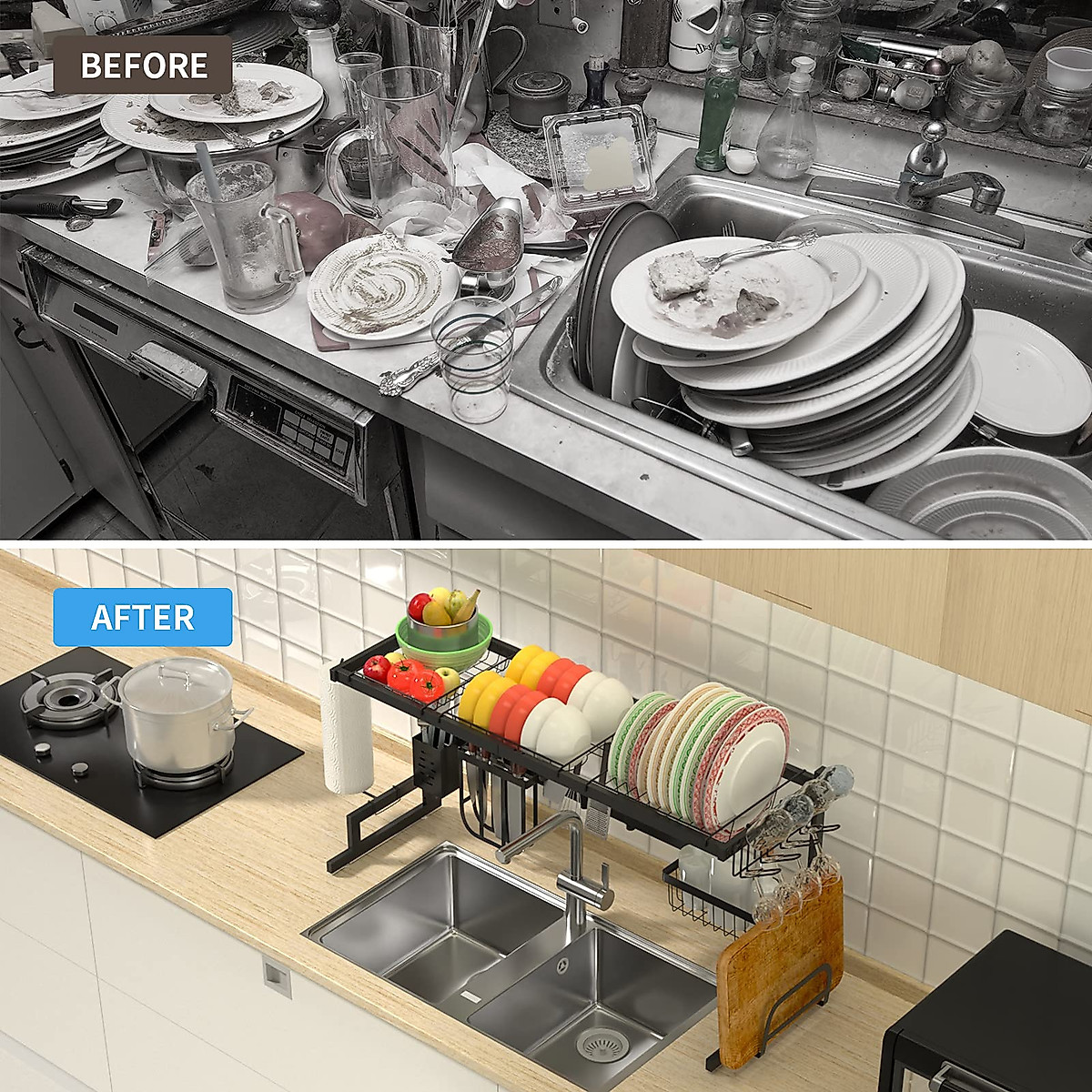 ALPTHY Over The Sink Dish Drying Rack, (33.5"-39.5") Dish Rack with 2 Plate Rack for Kitchen Organization, Width Adjustable Dish Drainer Kitchen Sink Organizer Space Saver Dish Dryer Rack