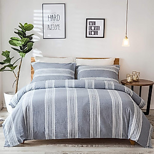 David's Home 100% Washed Cotton Duvet Cover Set King Size, Chambray Stripe Duvet Cover with Pillow Shams, 3pcs Ultra Soft and Breathable Bedding, 104x 90 Inches, Blue Beige