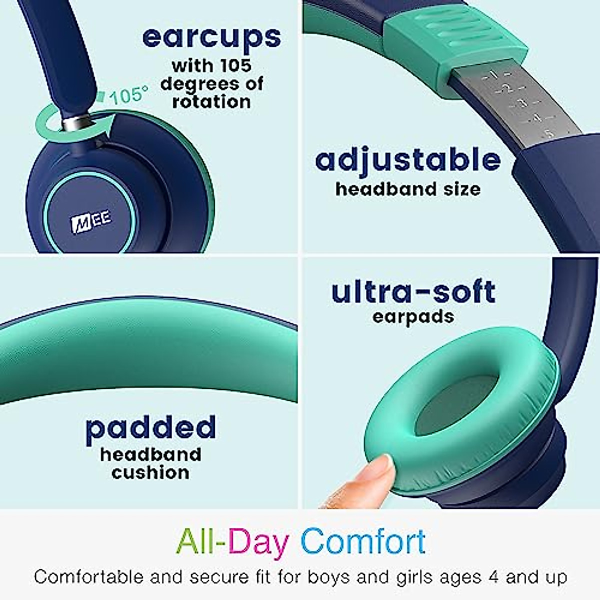 MEE audio KidJamz KJ45 Children’s Safe Listening Headphones with Volume Limiter & Microphone, Adjustable On-Ear Kids Headset Wired with 3.5mm Jack for Online Learning/School/Travel/Tablet (Blue/Teal)