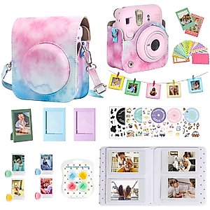 wogozan Accessories Kit for Fujifilm Instax Mini 12 Instant Camera Case+Album for Mini 3 Inch Film+Color Filters+Photo Album & Frames+Wall Hanging Frame+DIY Sticker (Blue Pink Watercolor)