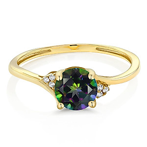 Gem Stone King 10K Yellow Gold Diamond Accent Engagement Ring Set with 6mm 1.05 Ct Round Green Mystic Topaz (Size 8)