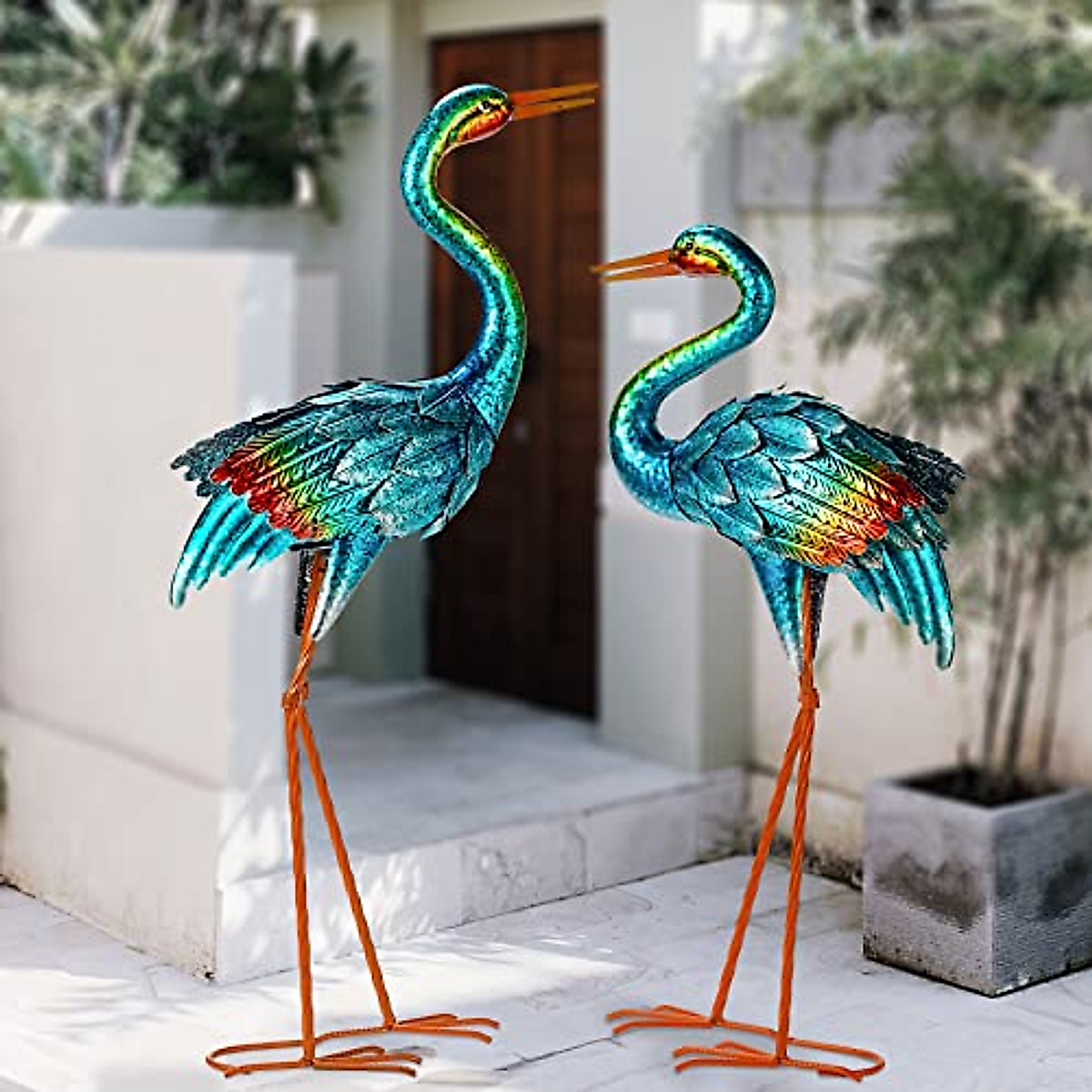 Natelf Garden Crane Statues for Outdoor, Blue Heron Decor Standing Garden Art Sculptures, Metal Large Birds Lawn Ornaments for Patio Pond Yard Lawn Decorations, Set of 2
