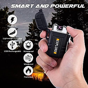 LcFun Waterproof Electric Lighter Windproof Dual Arc USB Rechargeable Flameless Plasma Lighters for Camping Hiking Survival Tactical Gear Gifts for Men Fathers Husband