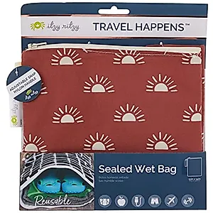 Itzy Ritzy Sealed Wet Bag with Handle – Wet Bag for Travel, Swimsuits, Cloth Diapers, Gym Clothes & Toiletries - Washable & Reusable w/Water Resistant Lining - Measures 11” x 14” (Terracotta Sunrise)