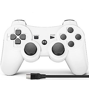 Linkshare wireless controller for ps3, double vibration bluetooth gamepad remote for playstation 3 with Charging Cord (White)