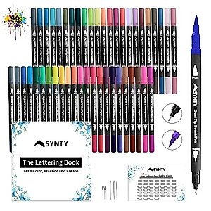 SYNTY 46 Brush Pens, Water-Based, Odourless & Leak Proof Dual Tip – Professional brush markers for Calligraphy, Lettering, Sketching & Drawing