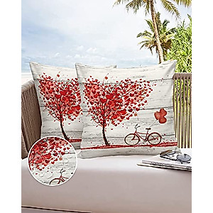 Outdoor Pillows 16x16 Waterproof Outdoor Pillow Covers,Valentine's Day Hearts Balloon Polyester Throw Pillow Covers Garden Cushion for Patio Couch Decoration Set of 2,Rustic Wood Bicycle Tree