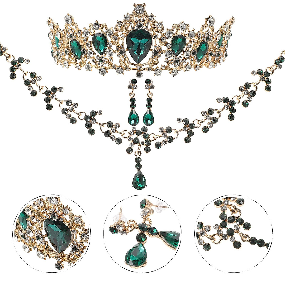 Generic Wedding Bridal Flower Jewelry Set Baroque Tiara Crystal Crown with Comb Retro Rhinestone Necklace Earrings Bridesmaids Queen Costume for Prom Party ( Green )