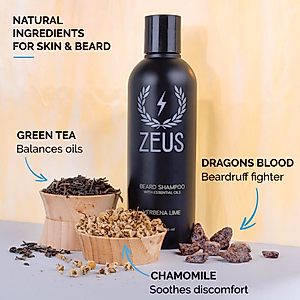 ZEUS Beard Shampoo Wash, Infused with Green Tea & Natural Ingredients to Cleanse and Soften Beard – 8 oz. Made in USA – Sandalwood