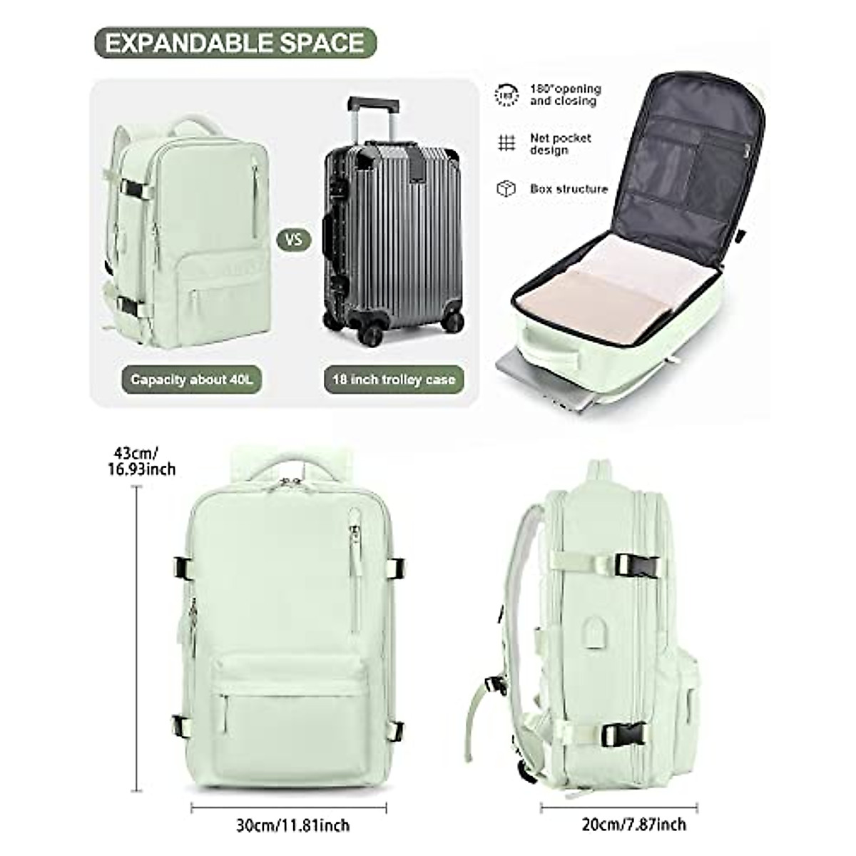 VGCUB Large Travel Backpack,Carry on Backpack for Women Men Airline Approved Gym Backpack Waterproof Business Laptop Daypack,Green With Toiletry Bag