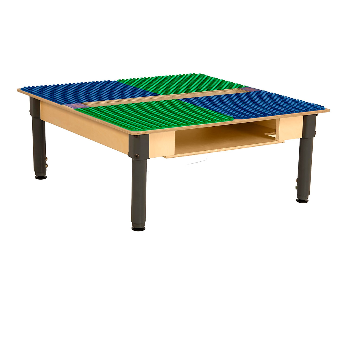 Contender Time-2-Play 35" W Square Build & Learn Compatible with Duplo Table with Trough & Shelf (with Gliders, Blue & Green, 12”-17” Adjustable Legs)