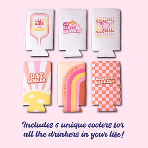Funny Pickleball Gifts for Women I Pickleball Themed Slim Can Coolers Set (6 Pack) I Girly & Trendy Drink Insulators for Pickleball Party I Perfect Pickleball Accessories for Women