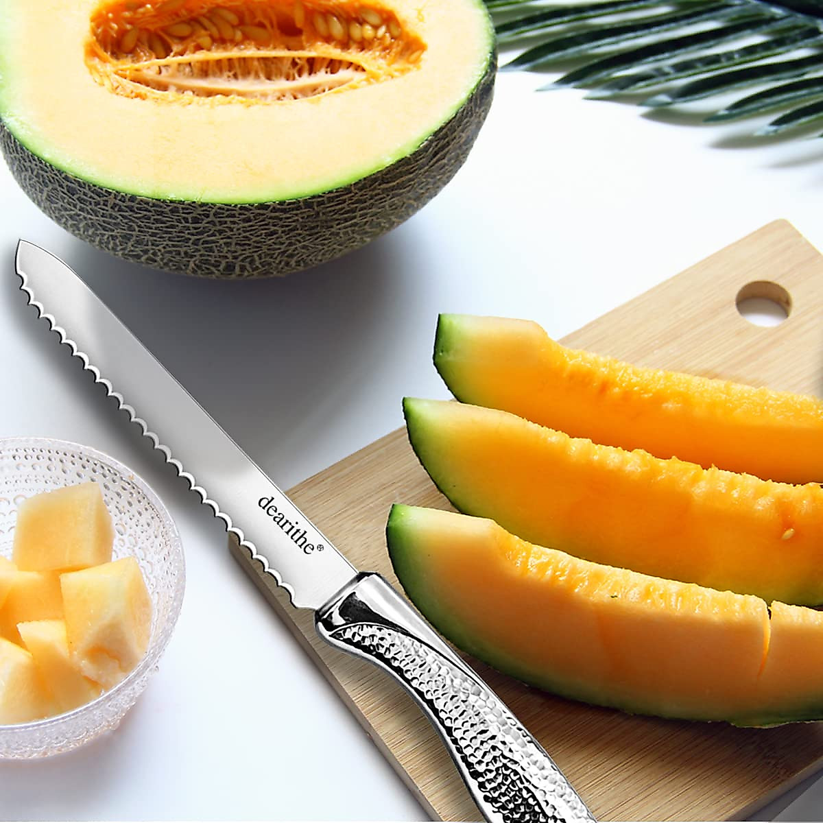 dearithe Serrated Utility Knife 6.5 Inch,High Carbon Stainless Steel Kitchen Knife with sheath, For Slicing Tomatoes or Crusty Bread, Dishwasher safe