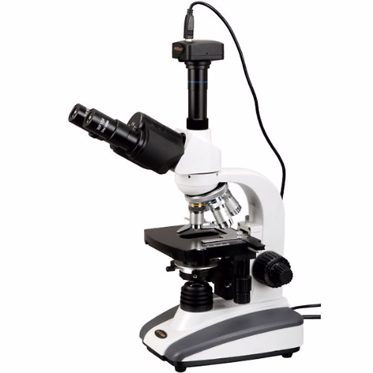 AmScope T360B-5M Digital Trinocular Compound Microscope, 40X-2000X Magnification, WF10x and WF20x Eyepieces, Brightfield, LED Illumination, Abbe Condenser, Double-Layer Mechanical Stage, Includes 5MP Camera with Reduction Lens and Software