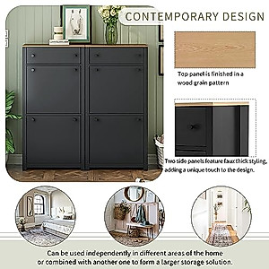 Aiuyesuo Slim Shoe Cabinet Set with 4 Flip Drawers, Wood Grain Pattern Top Shoe Storage Solution with Adjustable Panel, Shoe Rack with 2 Top Storage Drawers for Hallway Entryway (Black-QR0)