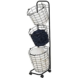 Ganggend 3-Tier Laundry Basket with Lockable Wheels, Wire Laundry Hamper with Rubber Handle Laundry Cart Storage Rolling Hamper for Organizing Clothes Black