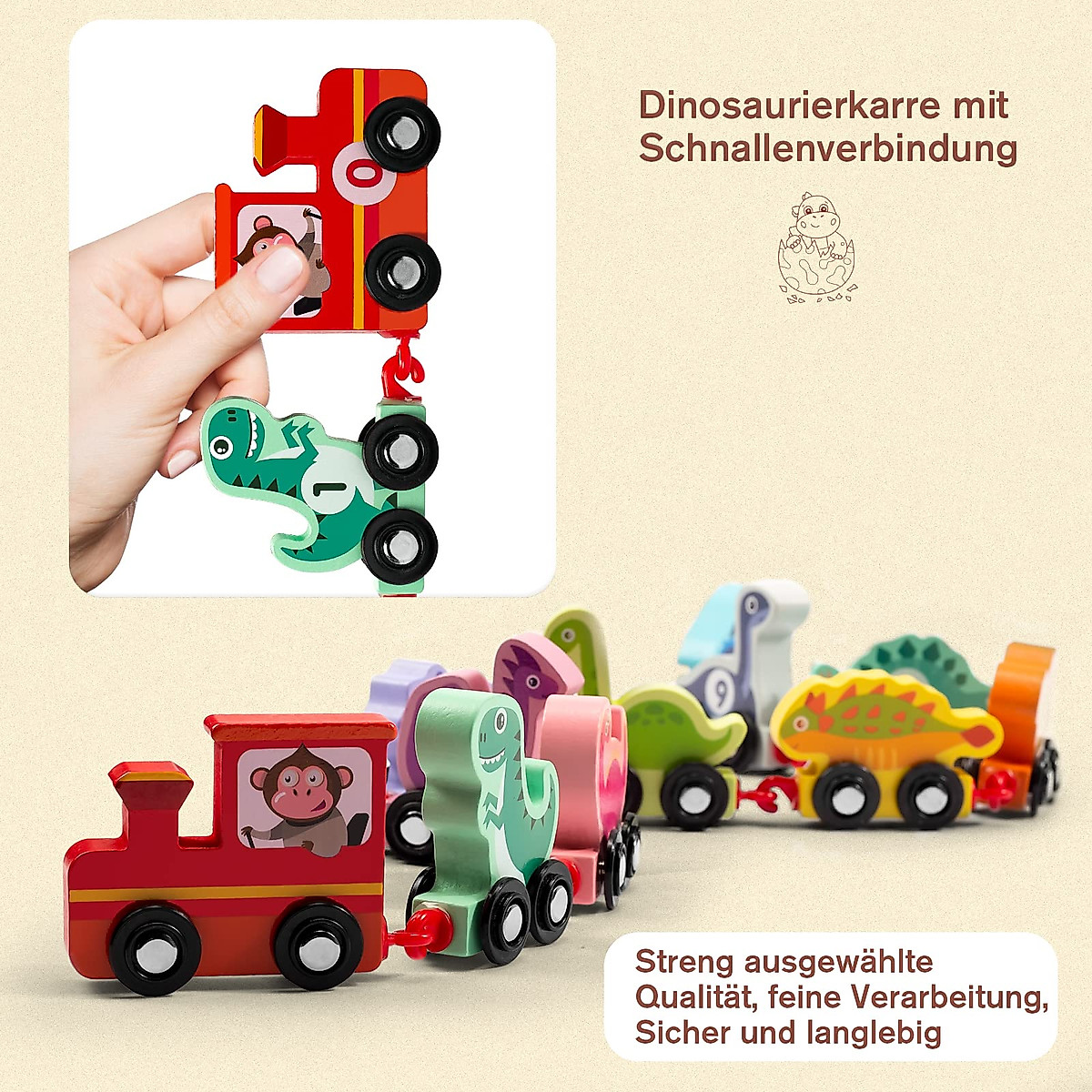 Wooden Dinosaur Numbers Train Game for Toddlers 3 Years Old,Early Education Learning Calculation Block Kit Toys for Boys & Girls Birthday Gift.