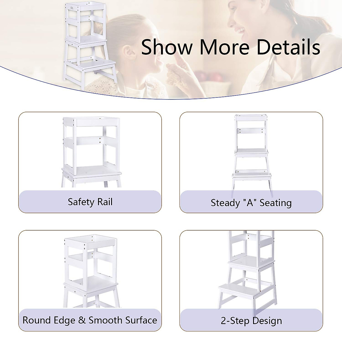 Kinbor Baby Kids Kitchen Step Stool with Safety Rail-Solid Wood Construction Toddler Stool Toddler Stepping Stool for Counter and Bathroom Sink White