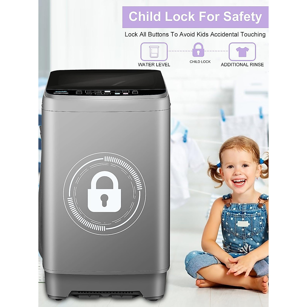 KRIB BLING Full-Automatic Washing Machine 25 lbs Portable Washer 10 Wash Program & 8 Water Level with LED Display，Drain Pump, Ideal for Apartments, RV, Camping, Grey