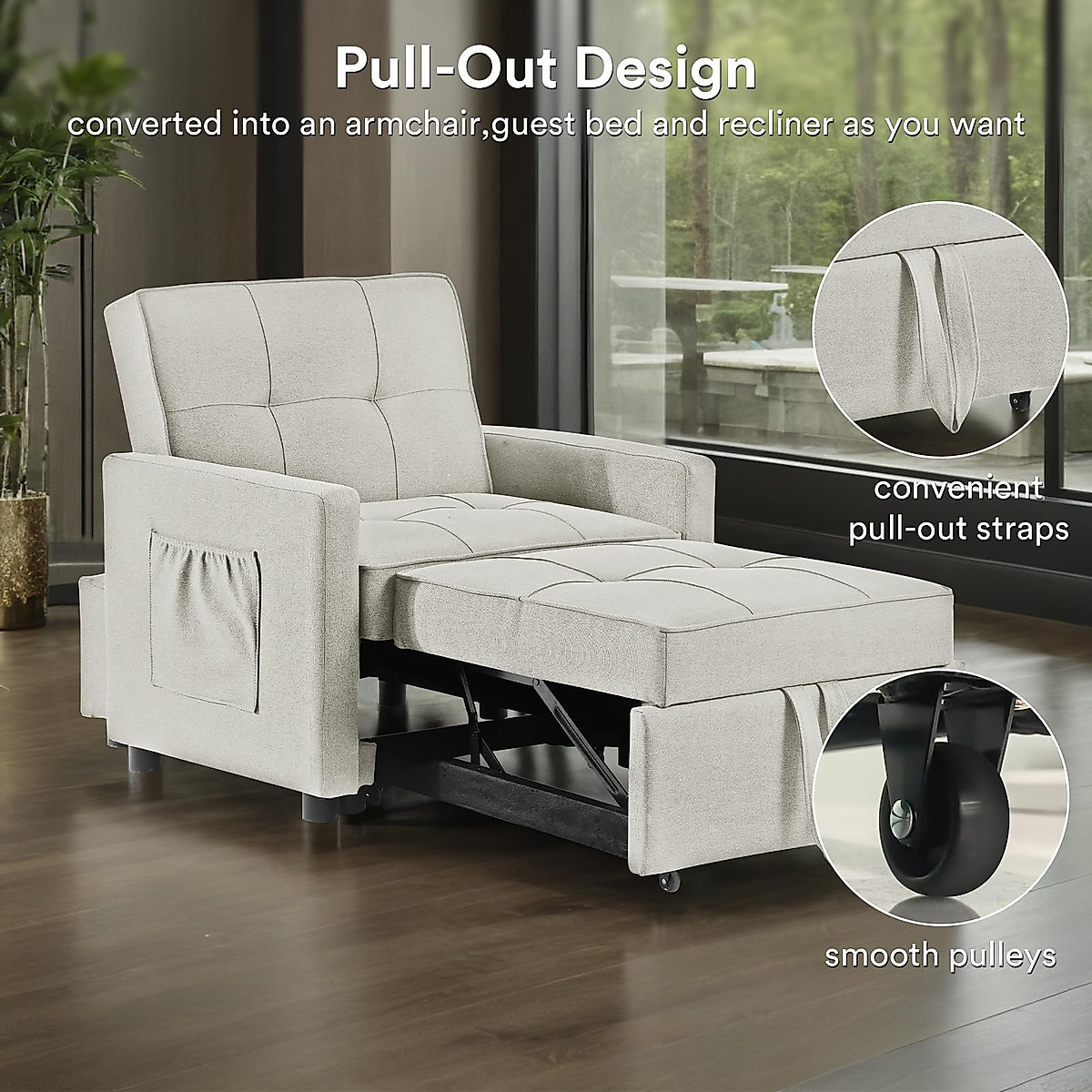 Rovibek Pull Out Sofa Chair 3 in 1 Convertible Sleeper Chair Bed Single Sofa Bed Chair Linen Sleeper Chair with Adjustable Backrest, Easy Assembly, White