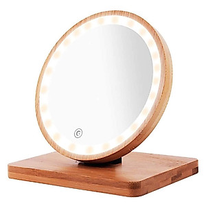 Wzqwzj Makeup Mirror 6In Vanity Makeup Mirror with Natural Bamboo Stand 3 Color Dimmable Light LED Travel Makeup Mirror 90 Rotation Bathroom Shaving Make Up Mirror Mirrors for Desk