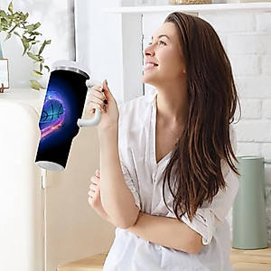 Caikeny Insulated Tumblers with Lid and Straw Basketball Ball 30 oz Reusable Stainless Steel Cup Flames Lights Water Bottle Coffee Travel Tumbler Mug for Women Men