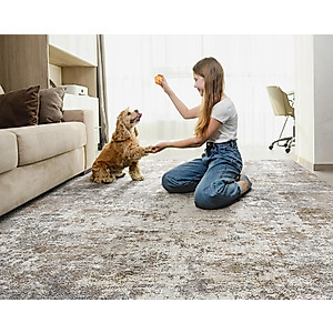 UERMEI 9x12 Area Rug Living Room Rugs - Washable Neutral Modern Abstract Soft Thin Large Rug Indoor Floor No Slip Rug Carpet for Bedroom Under Dining Table Home Office Decor - Brown Grey