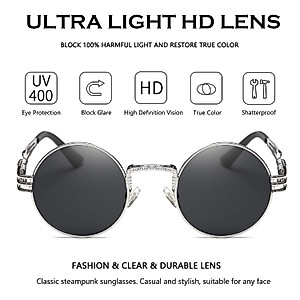 Dollger Round Sunglasses Steampunk Metal Classic Frame Mirror Lens(C1:Black Lens+ Silver Frame)