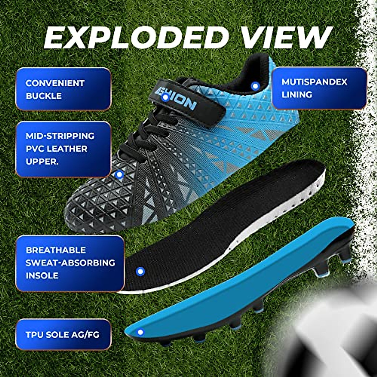 ASHION Unisex-Kids Soccer Cleats for Boys Girls Turf Firm Ground No-Tie Football Shoes Durable Black/Blue