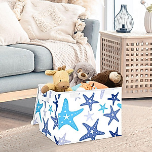 ALAZA Collapsible Large Storage Bin with Lid, Blue Starfish Foldable Storage Cube Box Organizer Basket with Handles, Clothes Blanket Box for Shelves, Closet, Nursery, Playroom