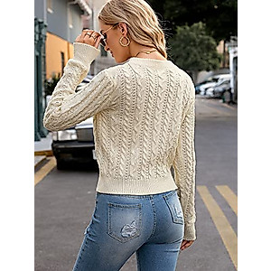 ZAFUL Women's Cable Cropped Sweater Long Sleeve Crewneck Pullover Knit Jumper Top (0-Beige, M)