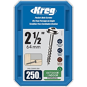 Kreg SML-C250S5-250 Stainless Steel Pocket Hole Screws - 2 1/2-Inch, #10 Coarse, Washer Head, 250 count