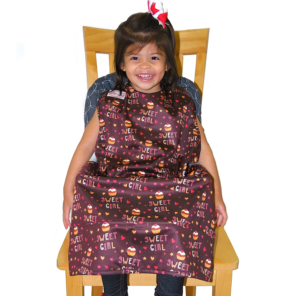 BIB-ON XL, Full-Coverage Bib and Apron Combination for Toddler, Kids Ages 3 and Up. (Sweet Girl Cupcake)