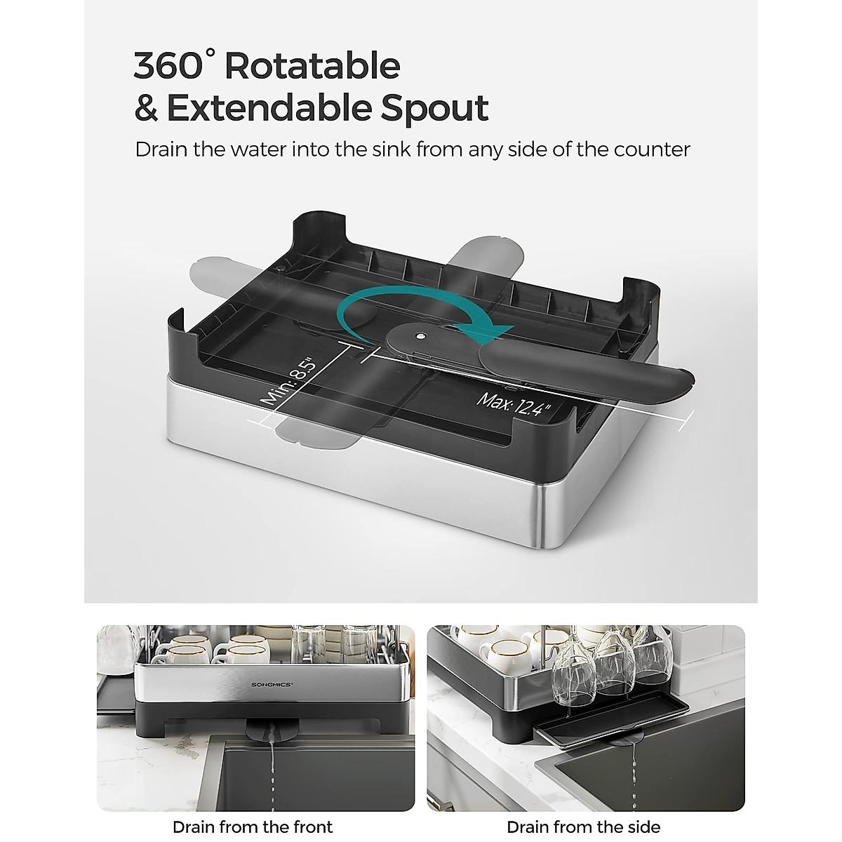 SONGMICS Dish Drying Rack - 2 Tier Dish Rack for Kitchen Counter with Rotatable and Extendable Drain Spout, Dish Drainer with Utensil, Cup, Glass, Cutting Board Holders, Black UKCS032B01