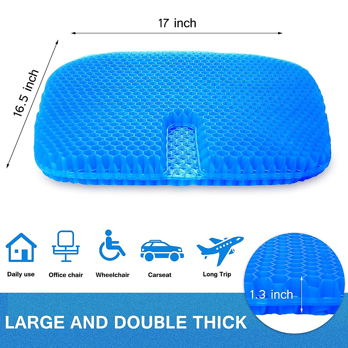 SUPTEMPO Gel Seat Cushion, Office Chair Cushion, Double Thick Breathable Honeycomb Design with 2 Non-Slip Cover, Cooling seat Cushion for Home Office Computer Desk Wheelchair to Relief Sciatica Pain