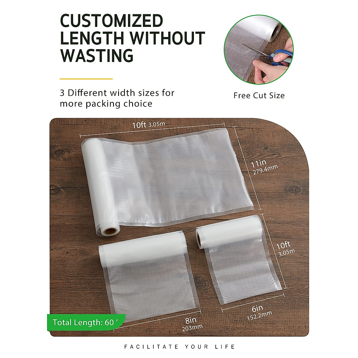 Syntus Vacuum Sealer Bags, 6 Pack 2 Rolls 11" x 10' and 2 Rolls 8" x 10' and 2 Rolls 6" x 10' Commercial Grade BPA Free Bag Rolls, Food Vac Bags for Storage, Meal Prep or Sous Vide