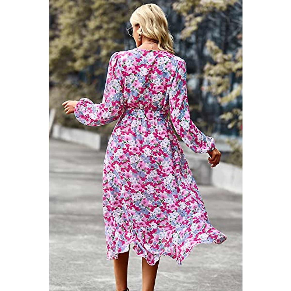 PRETTYGARDEN Women's Floral Print Boho Dress Long Sleeve Wrap V Neck Ruffle Belted A-Line Flowy Maxi Dresses (Floral Pink,Large)