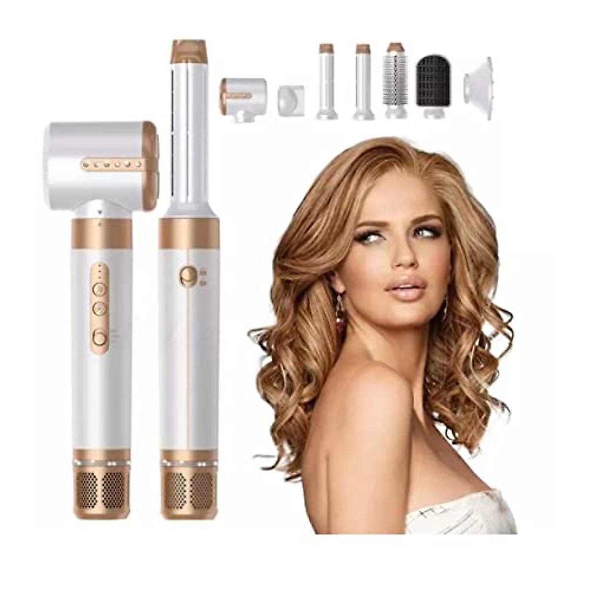 Hot Air Hair Dryer Brush, 7 in 1 Hot Air Brush Styler Dryer and Volumizer Hair dryer Left & Right Curling Barrel/Straightener/Wind hood/Concentrator/Curling Comb Hair Brush Blow Dryer for Women, White