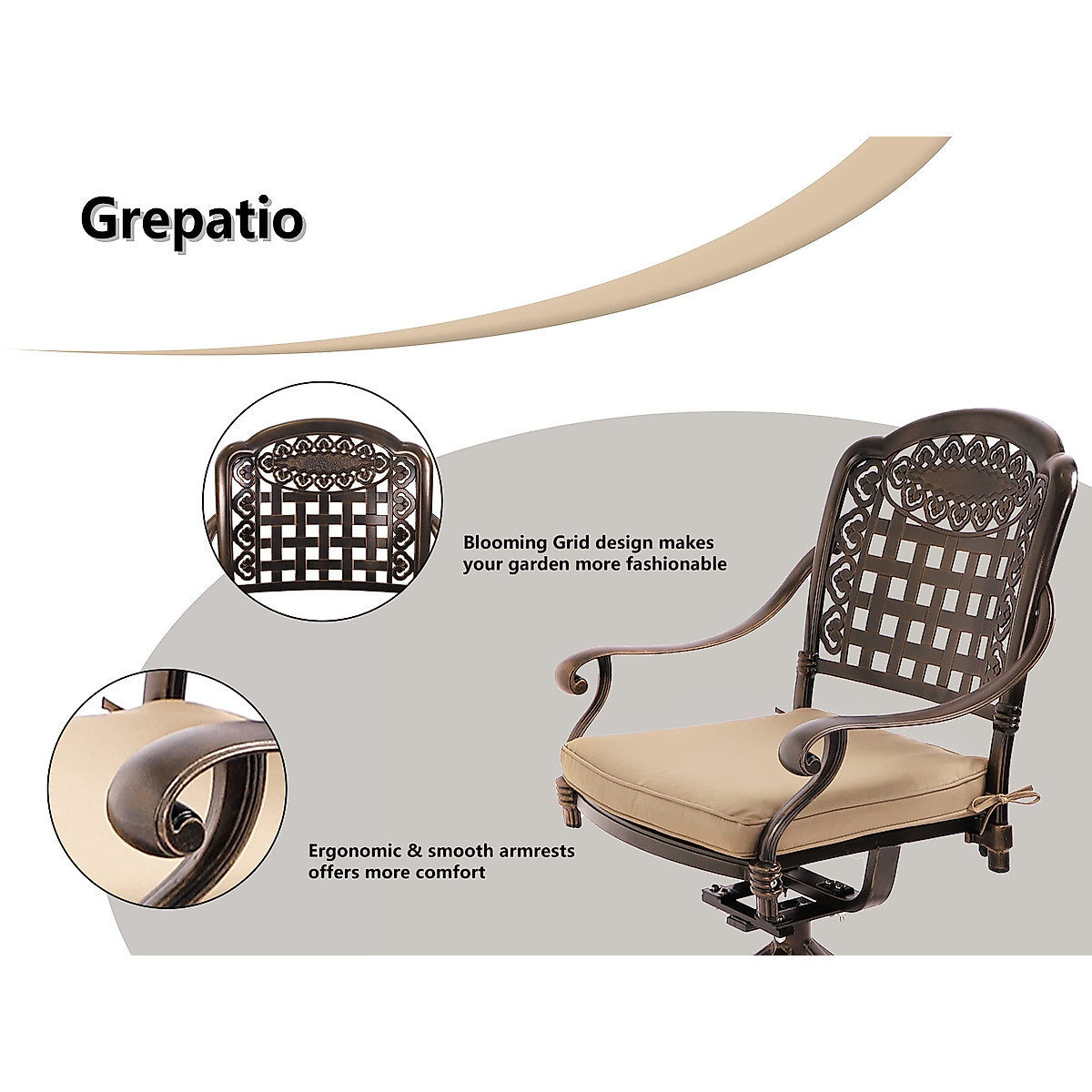 Grepatio 5 Piece Outdoor Dining Set Cast Aluminum Patio Dining Set Table and Chairs Outside Furniture 4 Mesh Swivel Chairs with Khaki Cushion and 1 Umbrella Round Dining Table for Lawn Garden Patio