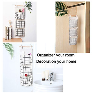 2 Pcs Dndo Wall Door Closet Hanging Storage Bag, Over The Door Closet Organizer with 3 Pockets, Linen Cotton Fabric Hanging Storage Pouches for Bedroom Bathroom- Waterproof & Stylish (Gray/White)