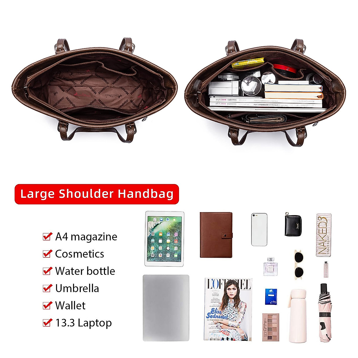 Montana West Tote Bag for Women Vegan Leather Purse and Handbags Set Embossed Collection Purse 2Pcs Set Brown MWC2-G049BR