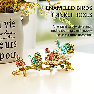 YU FENG Hand Painted Enamel Four Birds Trinket Box Hinged Jewelry Organizer with Crystals Ring Earrings Storage Colorful Animals Figurine Collectibles Home Decor Art