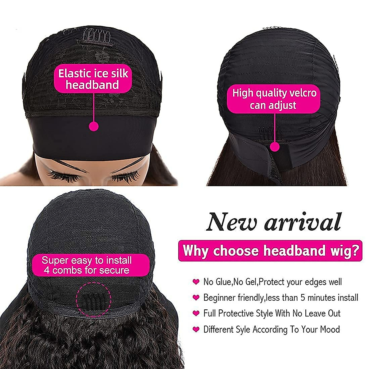 Headband Wigs Deep Wave for Black Women 150% Density Brazilian Virgin Human Hair None Lace Front Wigs Machine Made Wigs Glueless Headband Curly Human Hair Wig 18 Inch