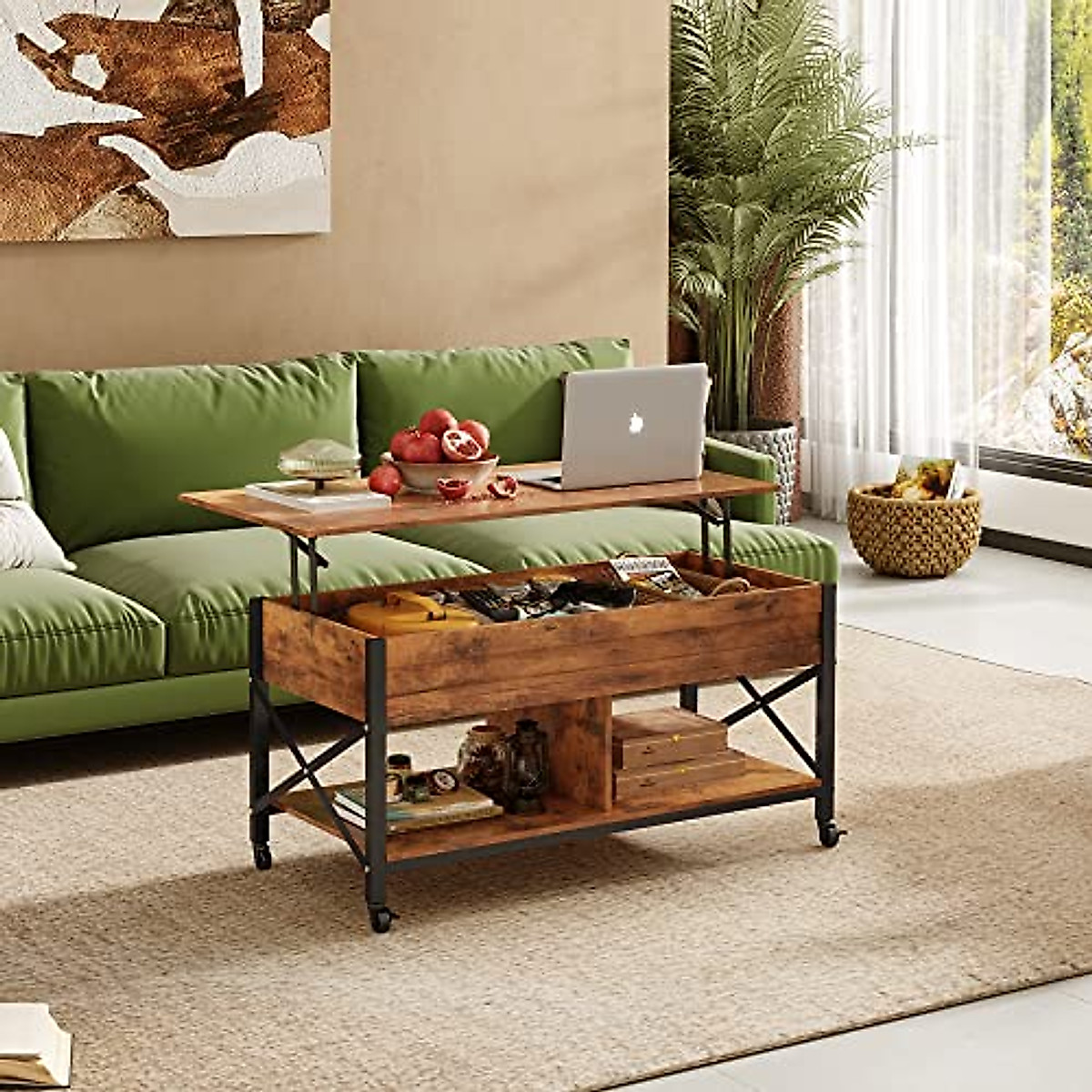 WLIVE Lift Top Coffee Table for Living Room,Coffee Table with Storage,Hidden Compartment and Metal Frame, Central Table with 4 Casters for Reception Room,Rustic Brown.