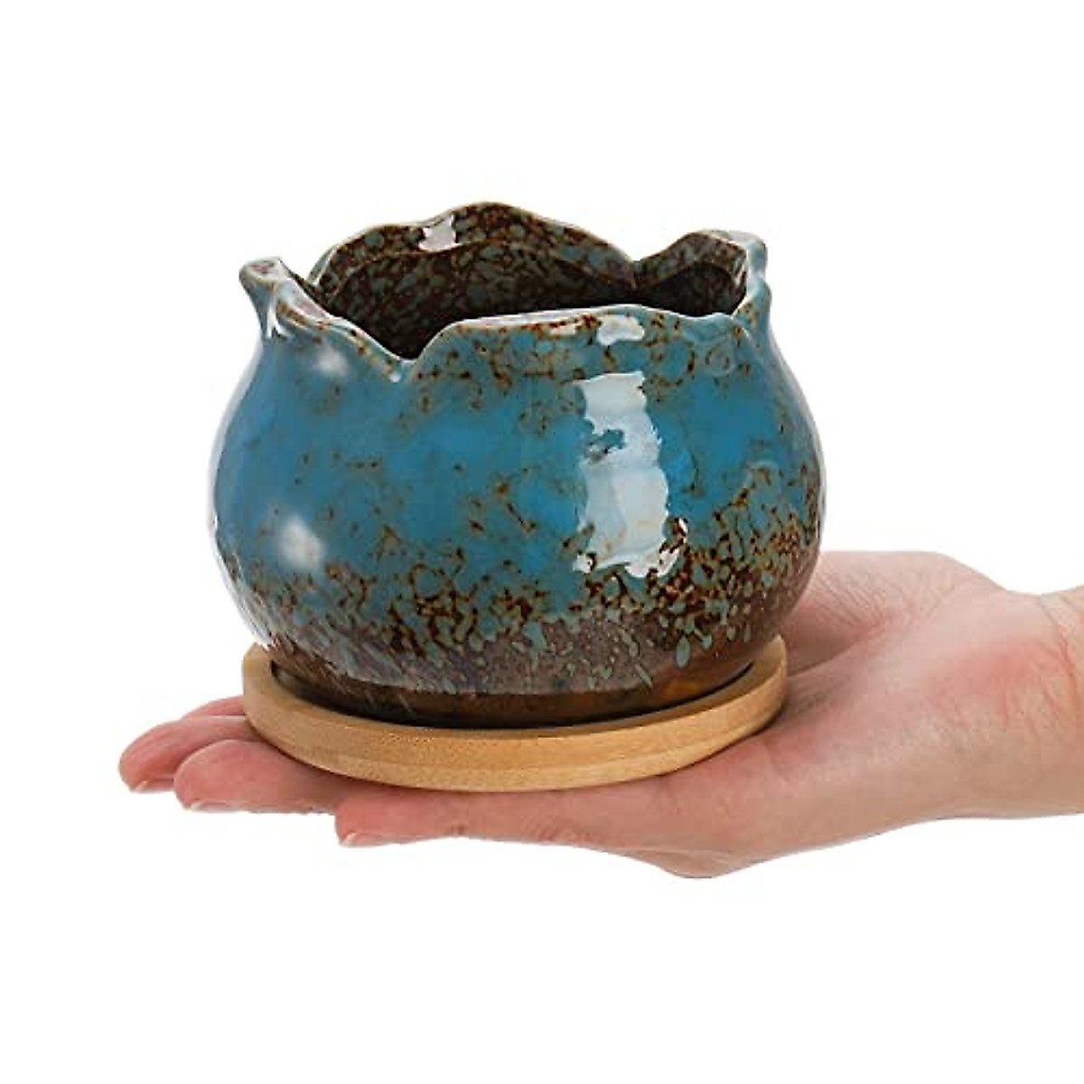 TOPZEA Set of 6 Succulent Plant Pot, 4 Inch Glazed Ceramic Plant Pots Cactus Succulent Pot with Drainage and Saucer, Mini Bonsai Planter Small Flower Pot for Indoor Outdoor