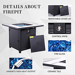 Valita 7 Piece Outdoor PE Wicker Furniture Set, Patio Gray Rattan Sectional Sofa Couch Adjustable Gas Fire Pit Grey Cushions